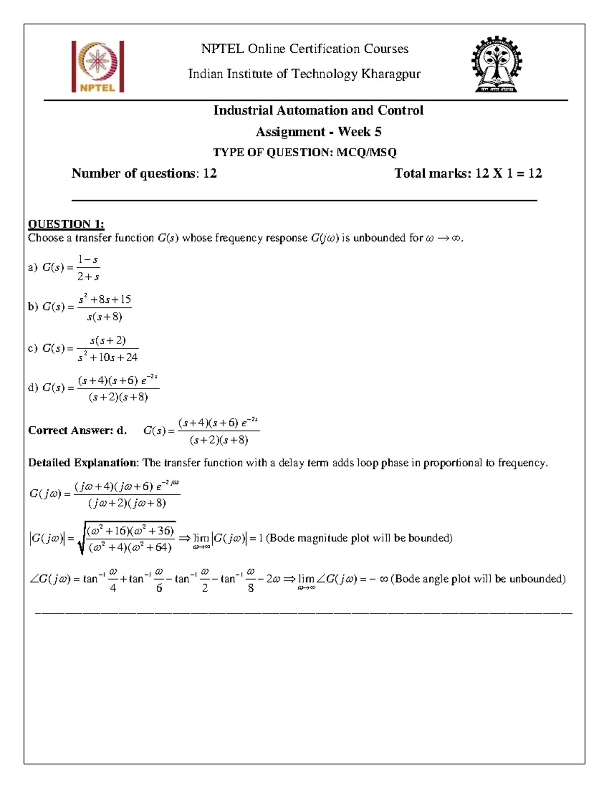 IIT KGP - Industrial Automation - Week 5 Assignment Solutions - Studocu