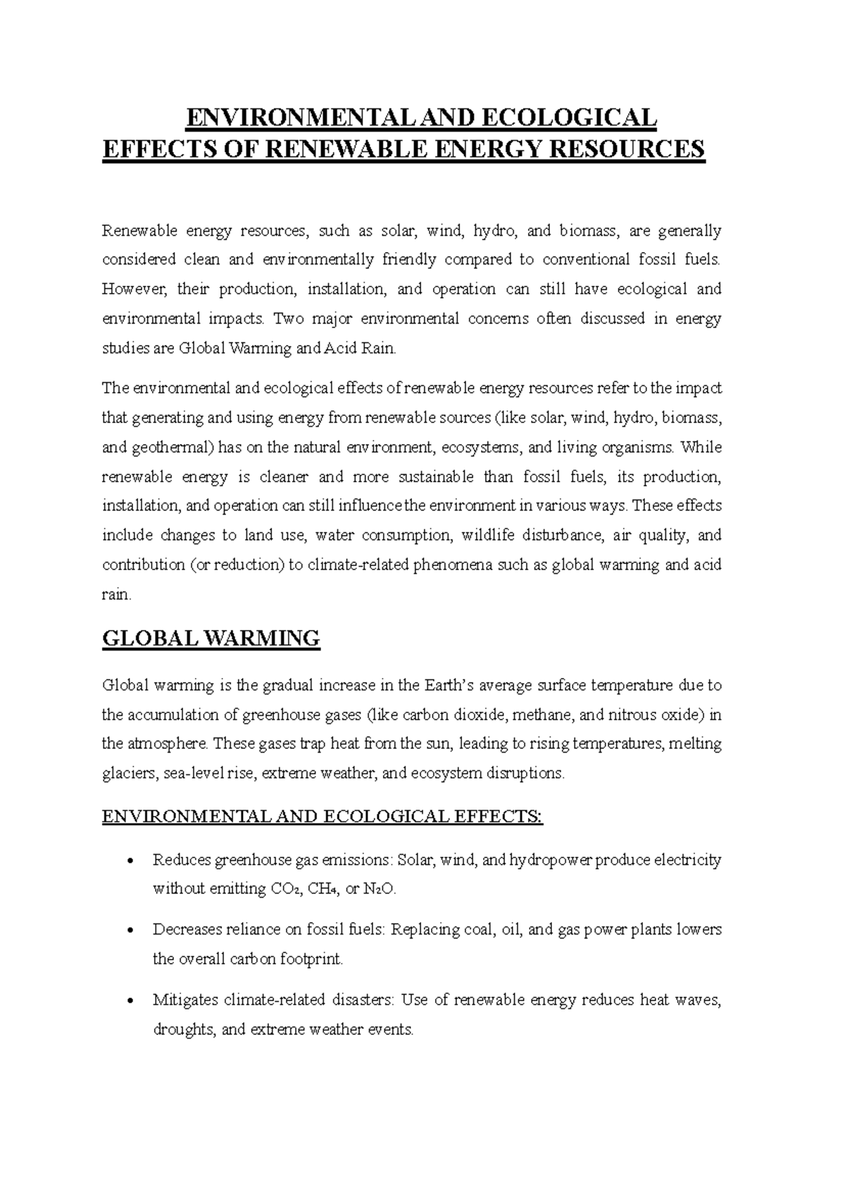 ENVIRONMENTAL IMPACTS OF RENEWABLE ENERGY RESOURCES (ENV 101) - Studocu
