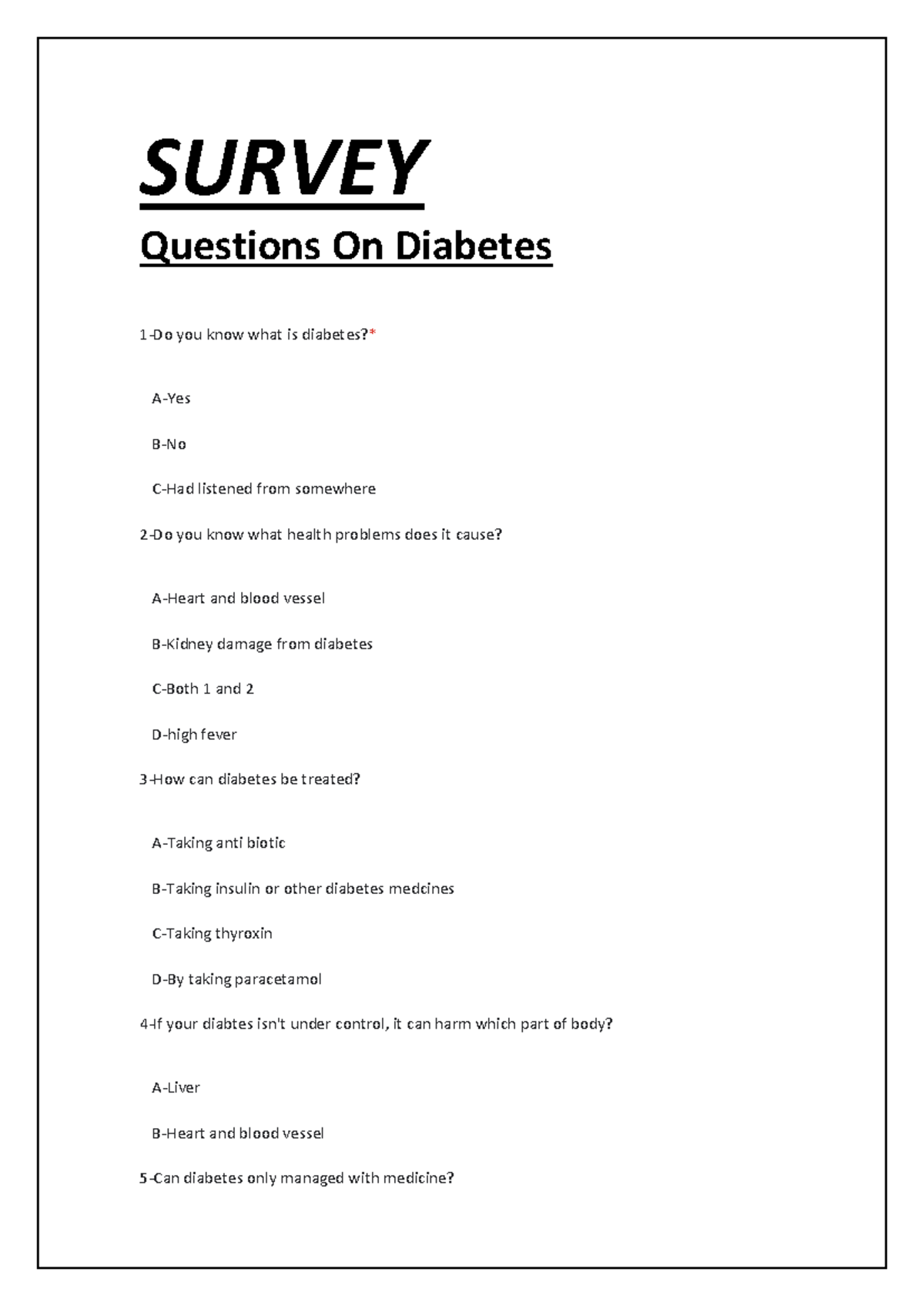 Survey - SURVEY Questions On Diabetes 1-Do you know what is diabetes ...