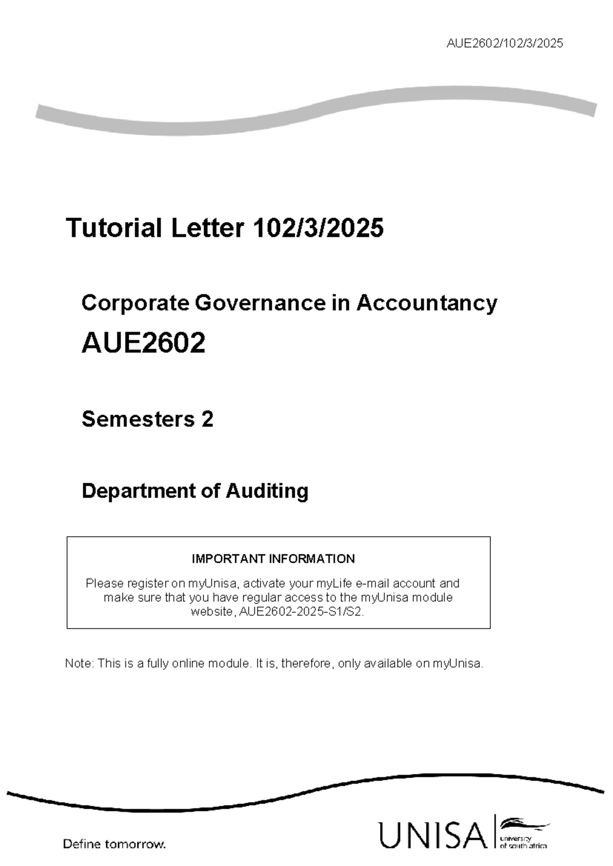 AUE2602 Tutorial Letter: Corporate Governance in Accountancy - Studocu