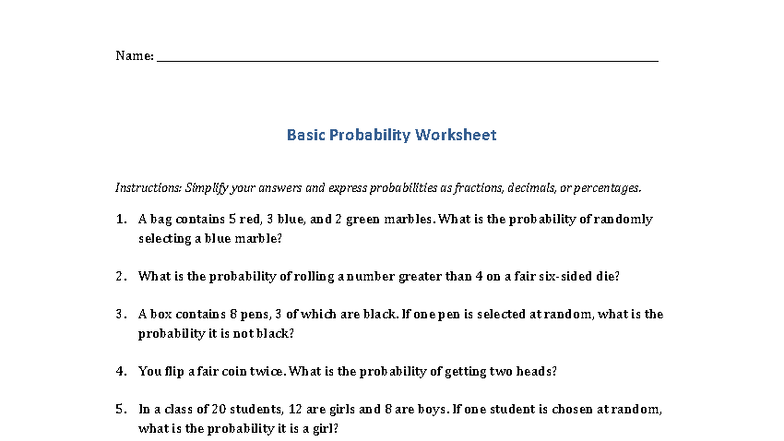 Basic Probability Worksheet (MATH 101) - Practice Problems - Studocu
