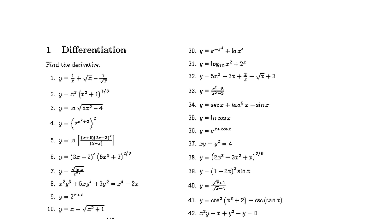 Differentiation Exercises and Solutions for Calculus 101 - Studocu