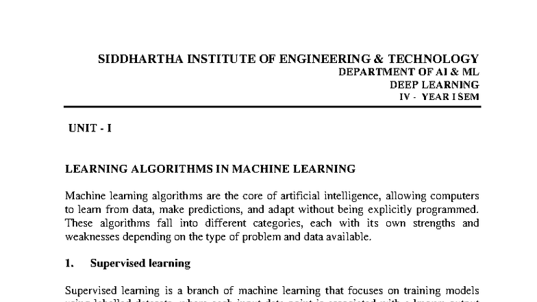 DL IV Year I Sem Unit I: Learning Algorithms in Machine Learning - Studocu