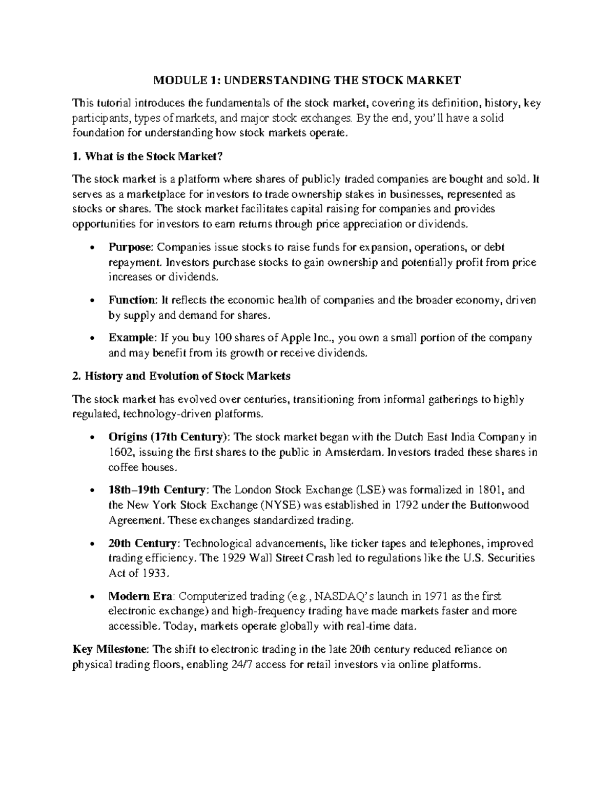 MODULE 1: UNDERSTANDING THE STOCK MARKET - A Comprehensive Guide - Studocu