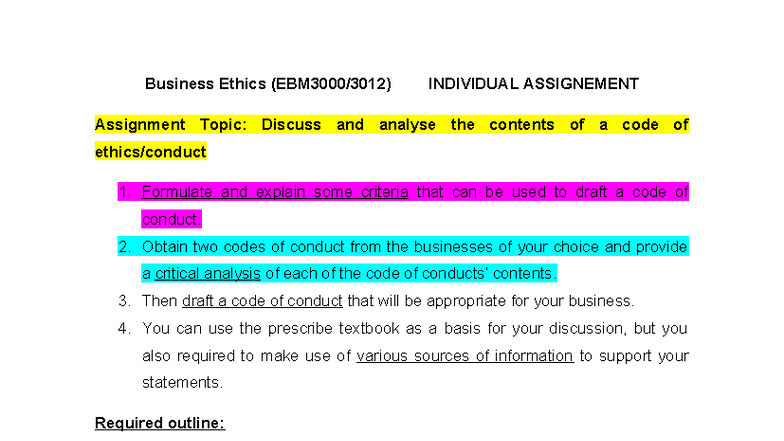 EBM3000 3012 Business Ethics Individual Assignment: Code of Conduct ...