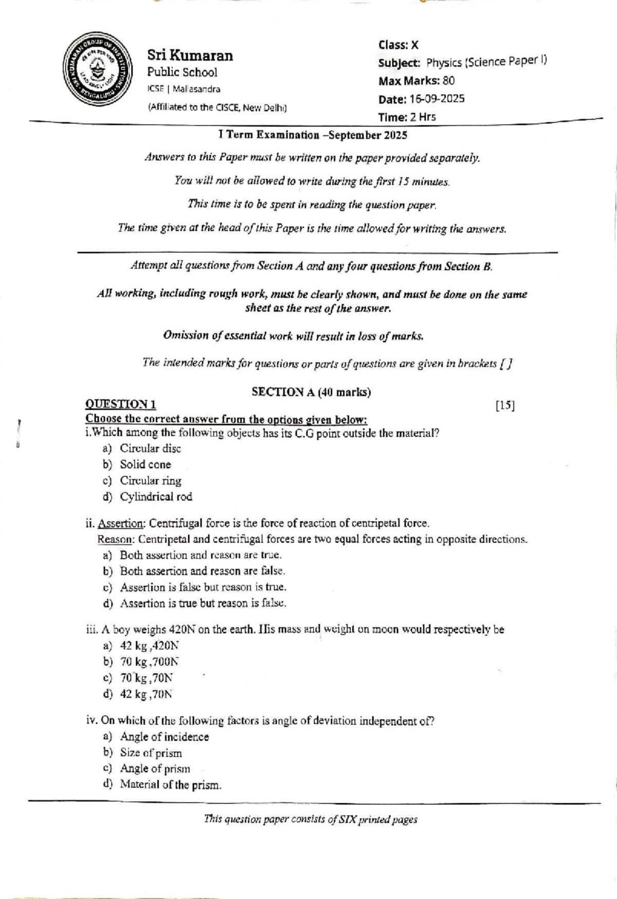 Physics Class X Midterm Exam Paper - 2025 - Studocu