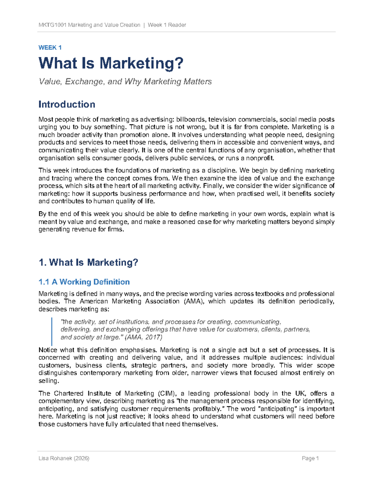 MKTG1001 Week 1 Reader: Understanding Marketing and Value Creation ...