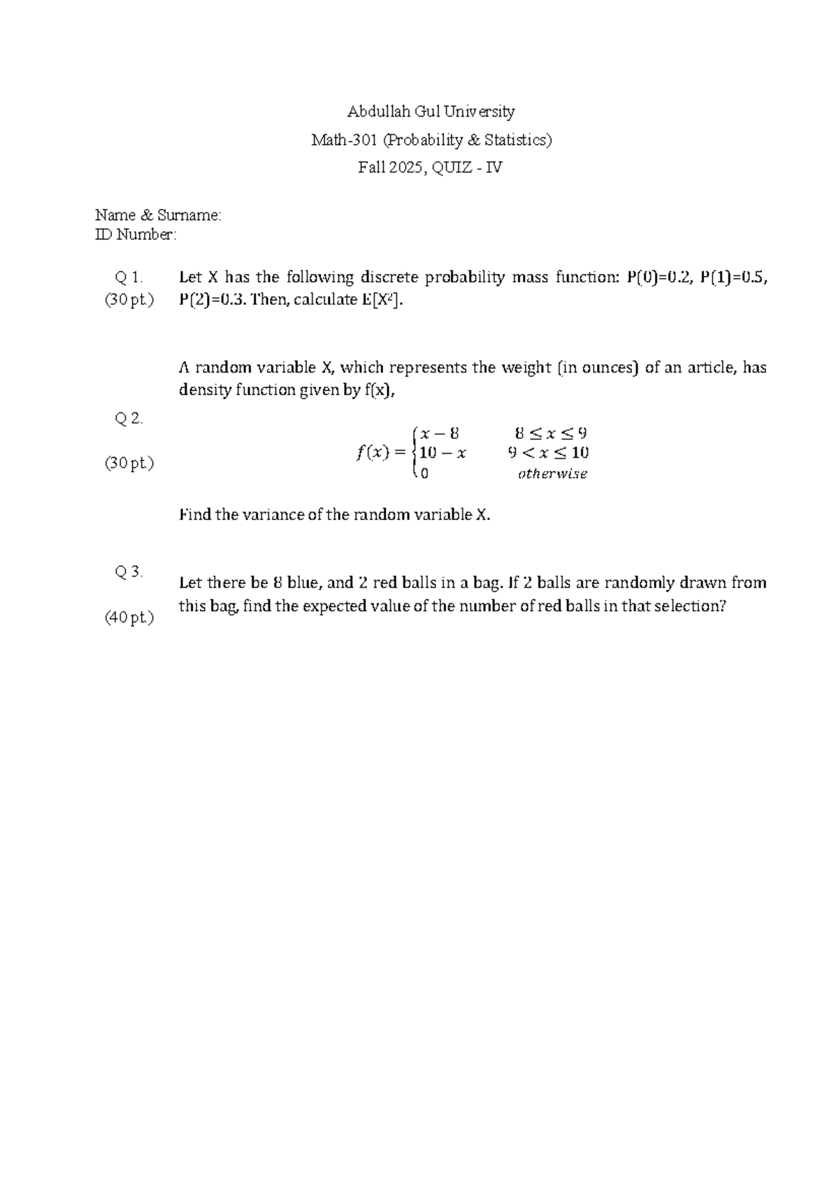 QUIZ IV - MATH301 - Probability Statistics Fall 2025 - Studocu