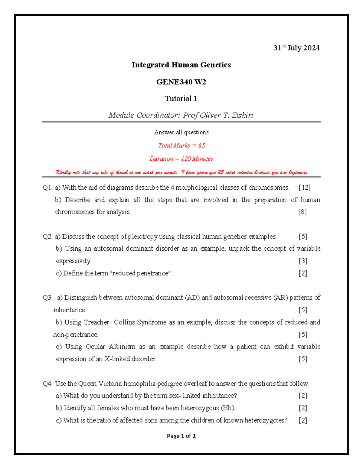 GENE340 W2 Tutorial 1: Integrated Human Genetics Questions & Answers ...