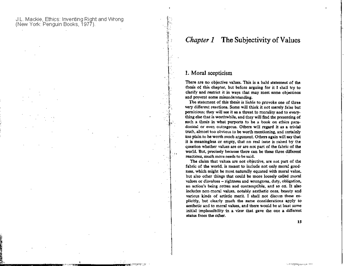 The Status of Ethics: Moral Scepticism and Subjectivity of Values - Studocu