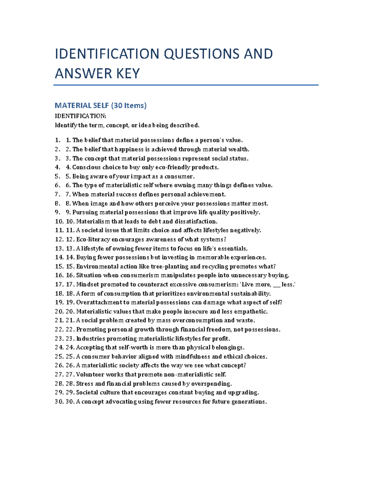 Identification Questions and Answer Key: Material, Digital, and ...