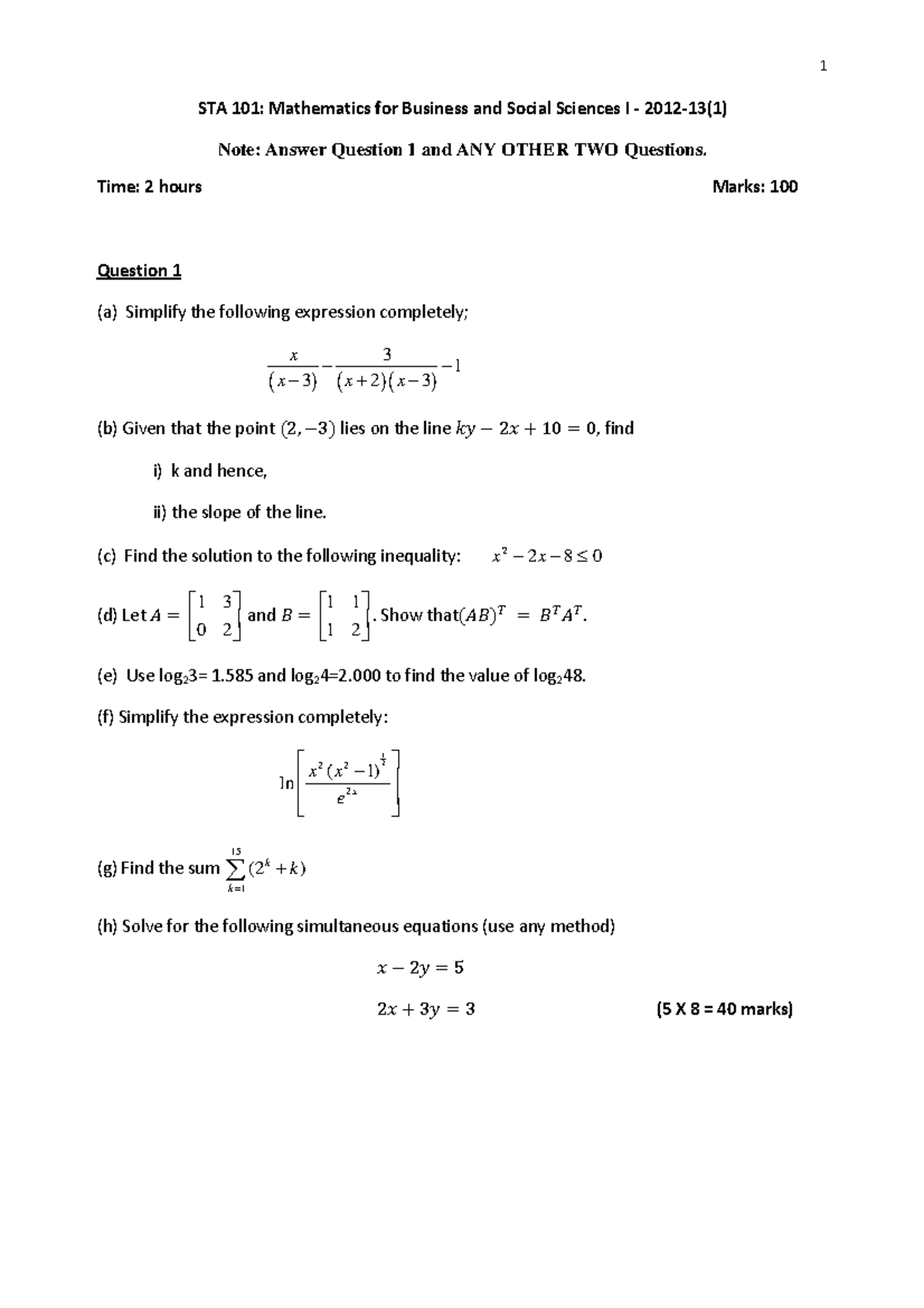 STA 101: Mathematics for Business & Social Sciences I - Exam Notes ...