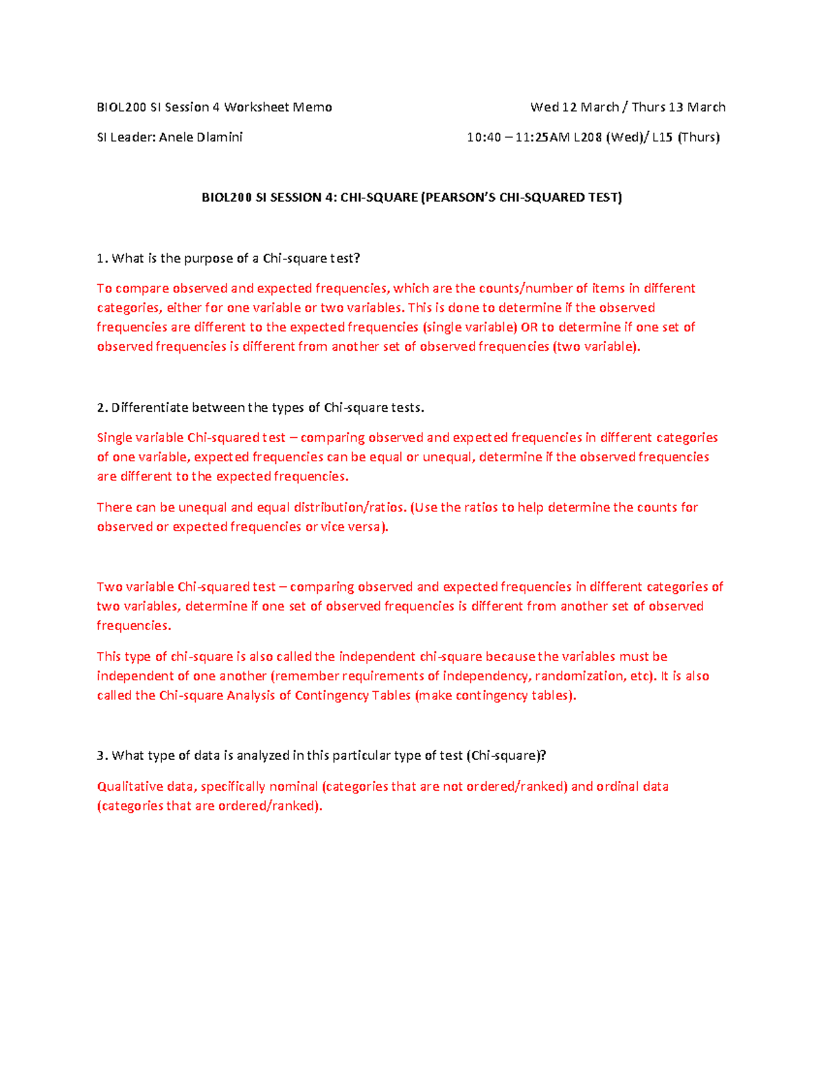BIOL200 SI Session 4 Worksheet MEMO - Anele Dlamini - BIOL200 SI Session 4 Worksheet Memo Wed 12 ...