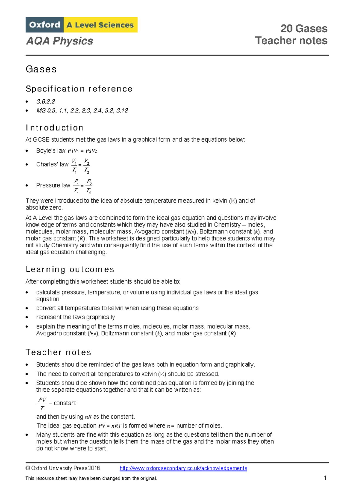AQA Physics 20 Gases Teacher Notes: Understanding Gas Laws and ...