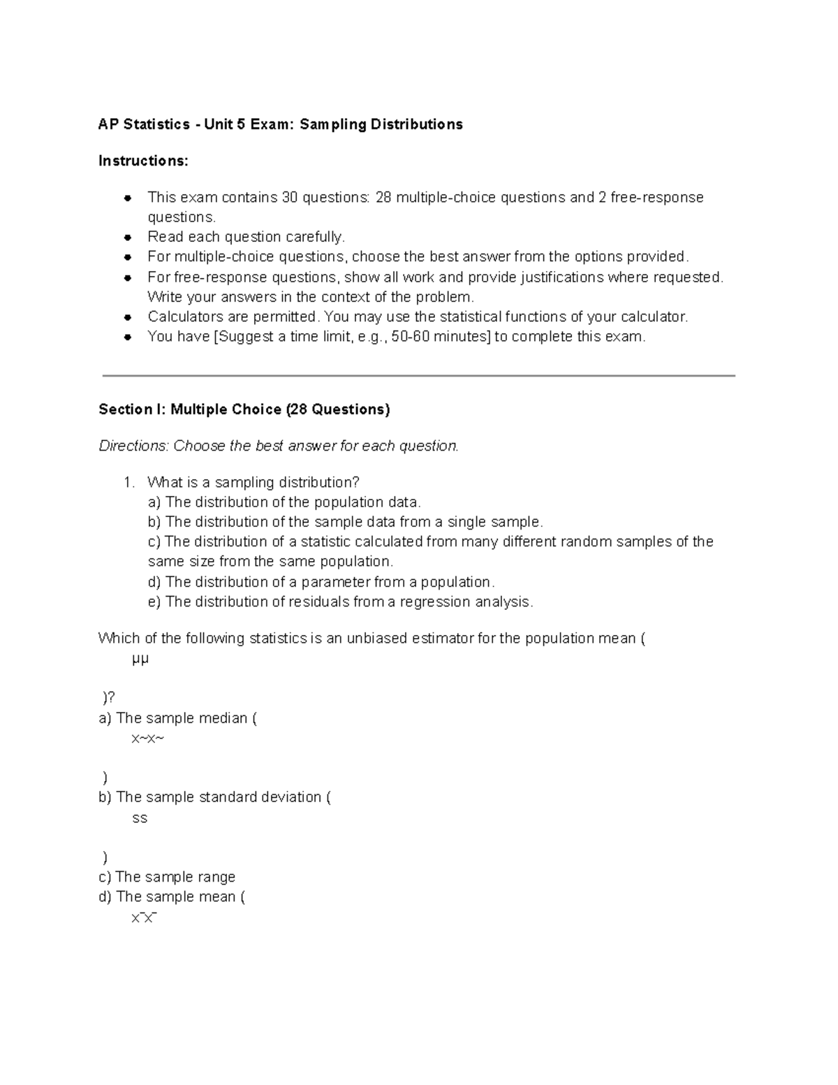 AP Statistics Unit 5 Exam: Sampling Distributions Overview - Studocu
