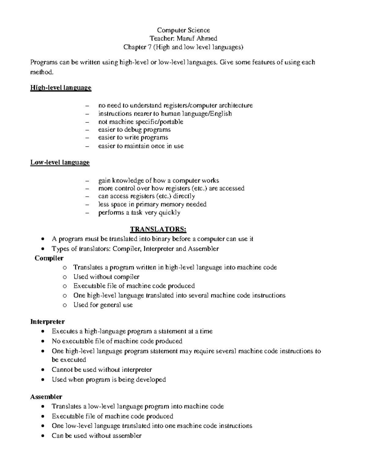 CS 101: Chapter 7 - High and Low Level Languages Overview - Studocu