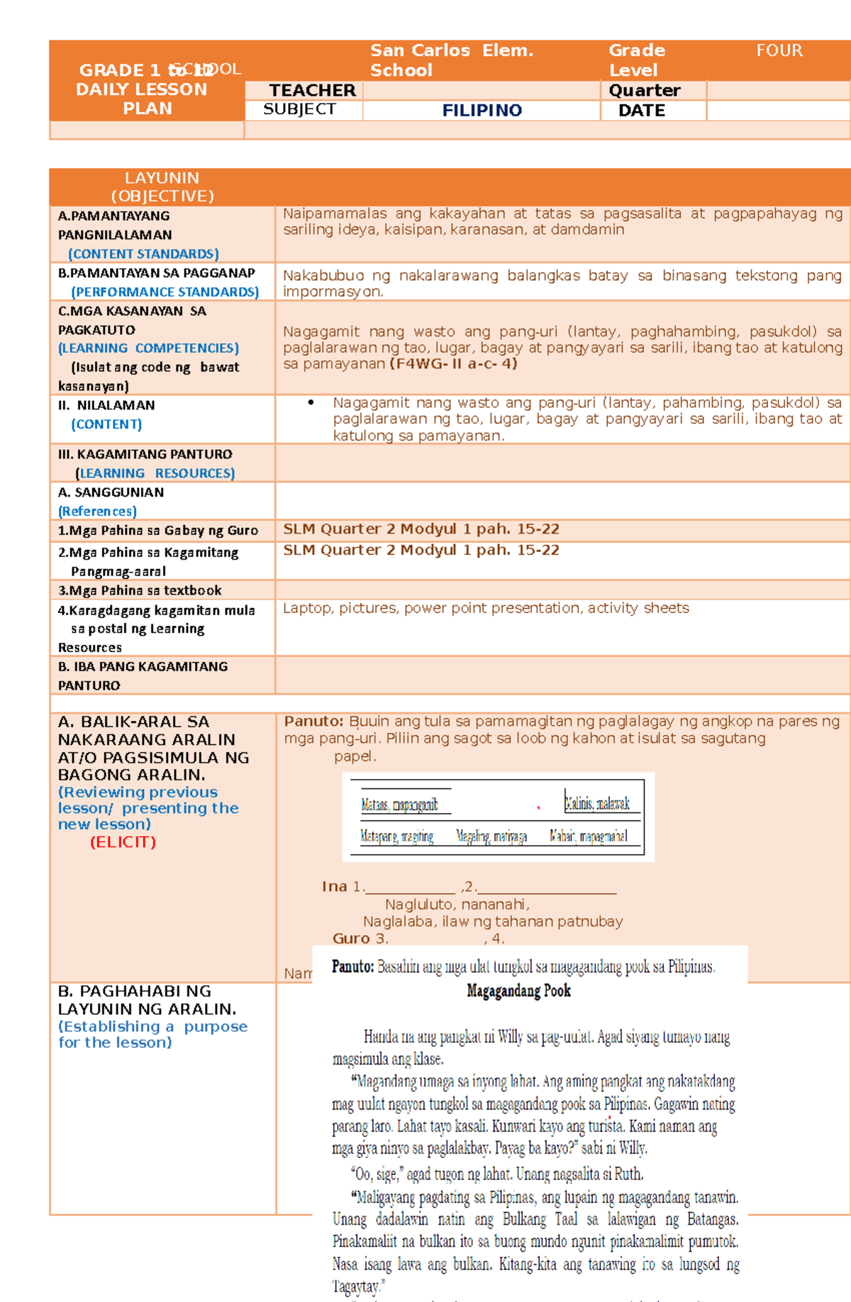 Filipino-4-COT - COT - GRADE 1 to 12 DAILY LESSON PLAN SCHOOL San Carlos Elem. School Grade ...