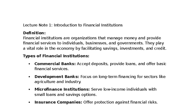 LN1: Intro to Financial Institutions and Their Economic Role - Studocu
