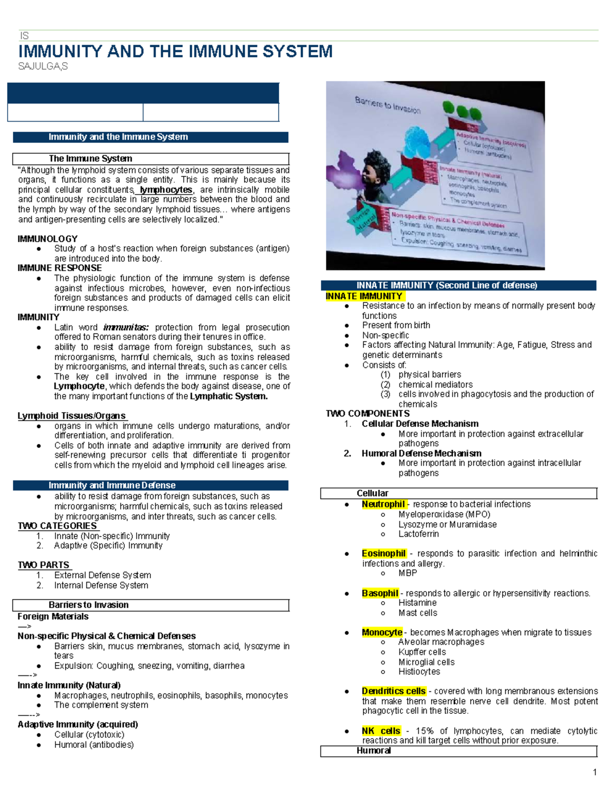 IS Immunity and the Immune System: Key Concepts and Functions - Studocu