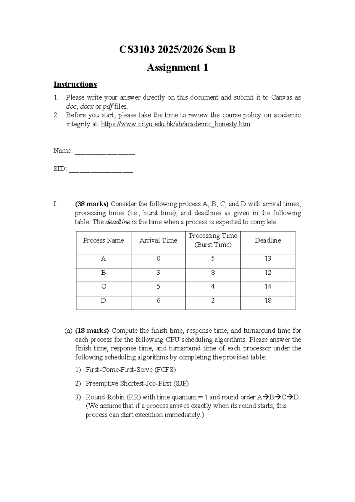 CS3103 Sem B Assignment 1: CPU Scheduling & Thread Analysis - Studocu