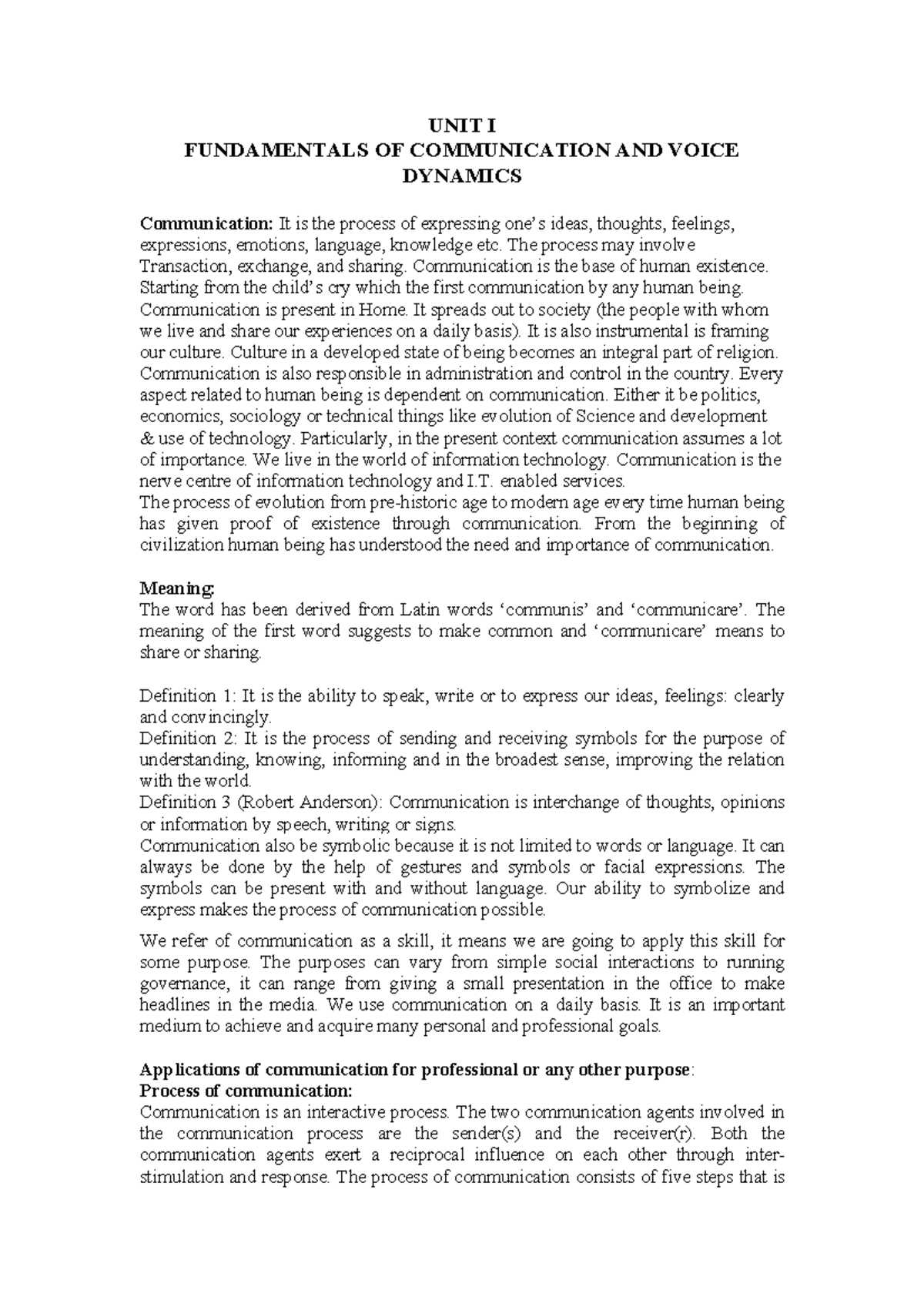 COMM 101: Unit I - Fundamentals of Communication & Voice Dynamics - Studocu