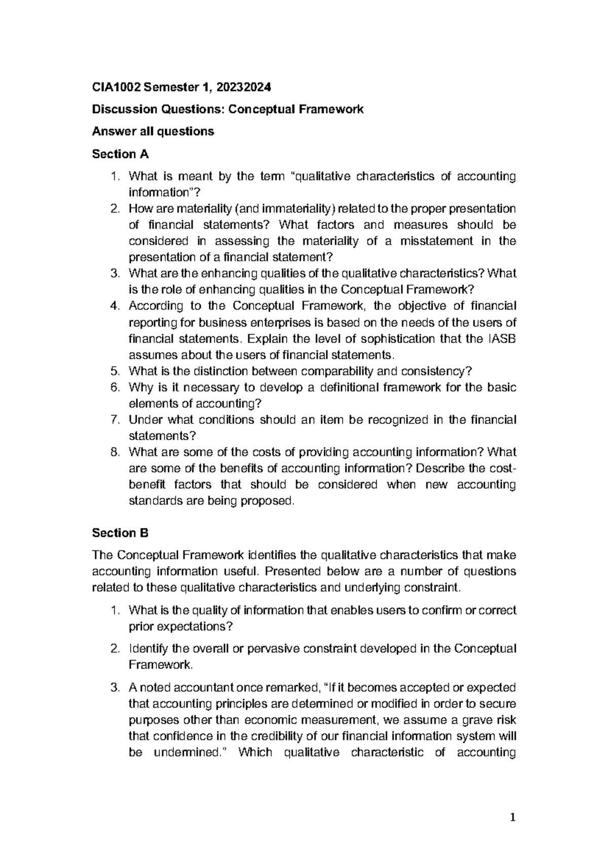 Conceptual Framework - 1 CIA1002 Semester 1, 20232024 Discussion Questions: Conceptual Framework ...