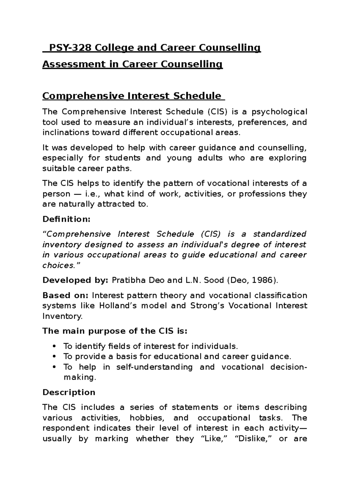 College and Career Counselling Assessment: Comprehensive Interest ...