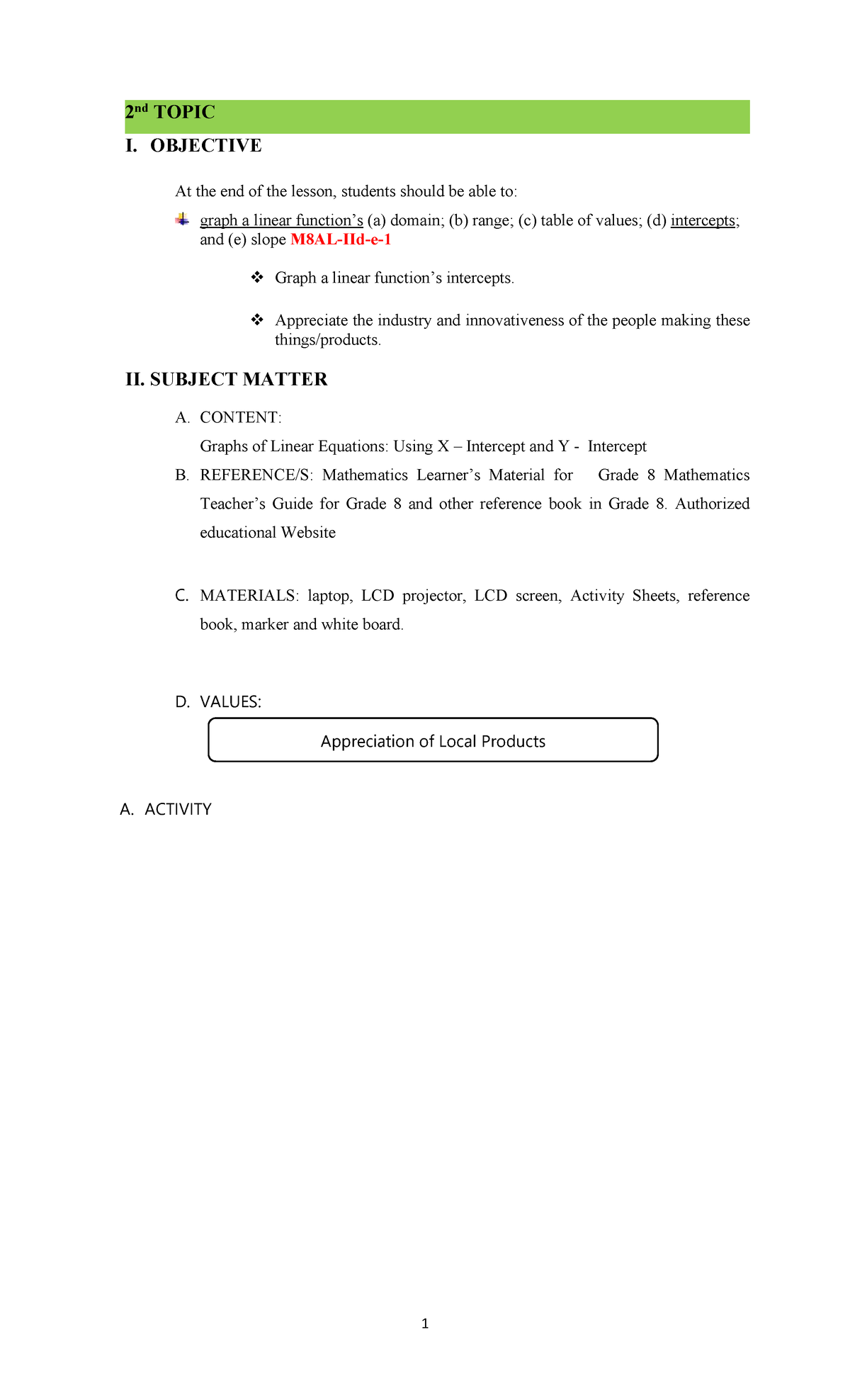 Graph grade 8 - lesson plan for my subject - 2 nd TOPIC I. OBJECTIVE At ...
