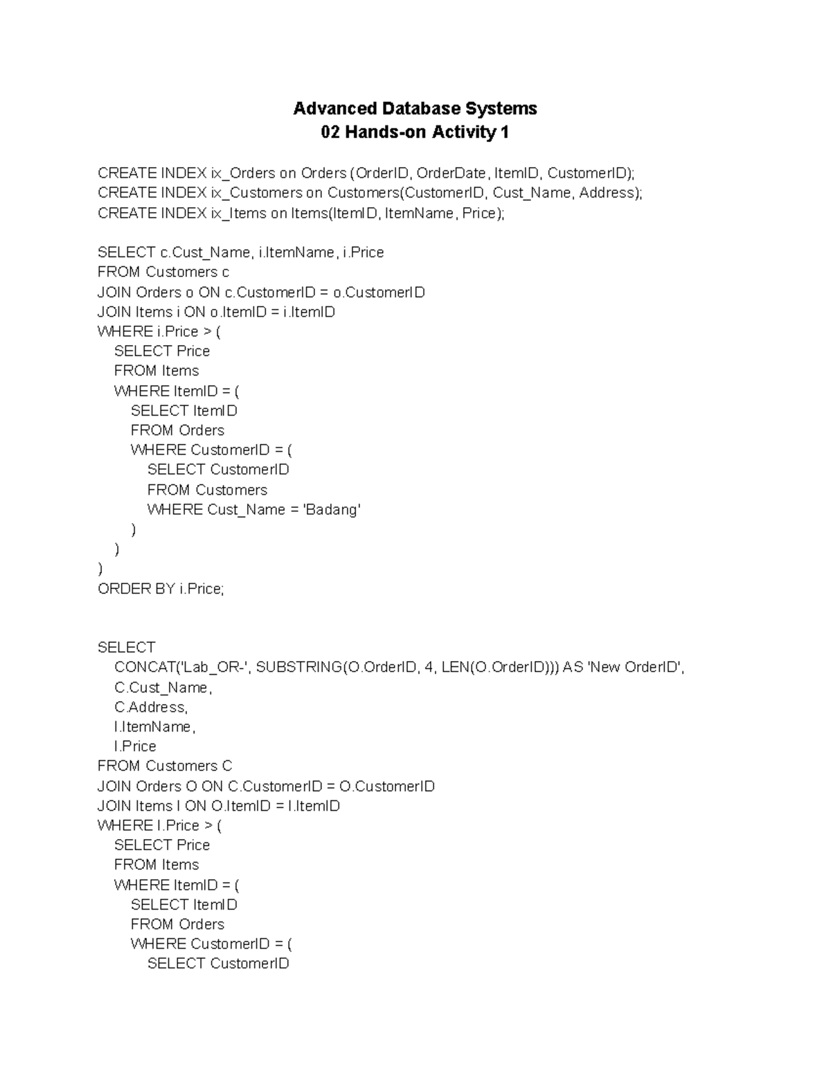 Advanced Database Systems - 02 Hands-on Activity: Indexing and Queries - Studocu
