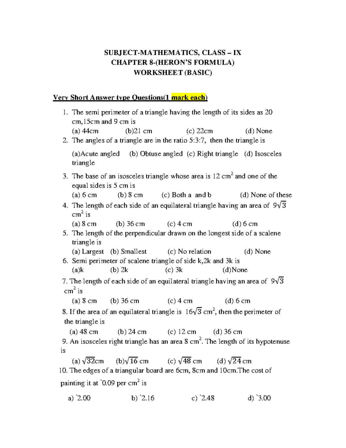 WS- Class IX Heron's Formula Worksheet: Basic & Standard Questions ...