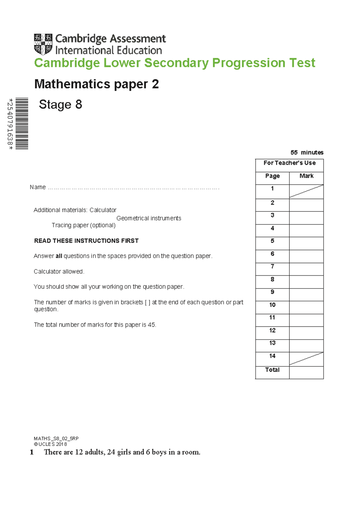 Yr 8 Math Paper 2 - Cambridge Lower Secondary Progression Test - Studocu