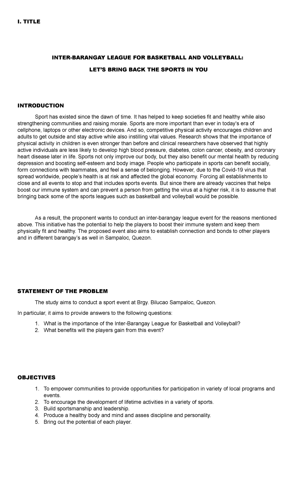 Inter-Barangay Sports League Proposal: Basketball & Volleyball CWTS ...