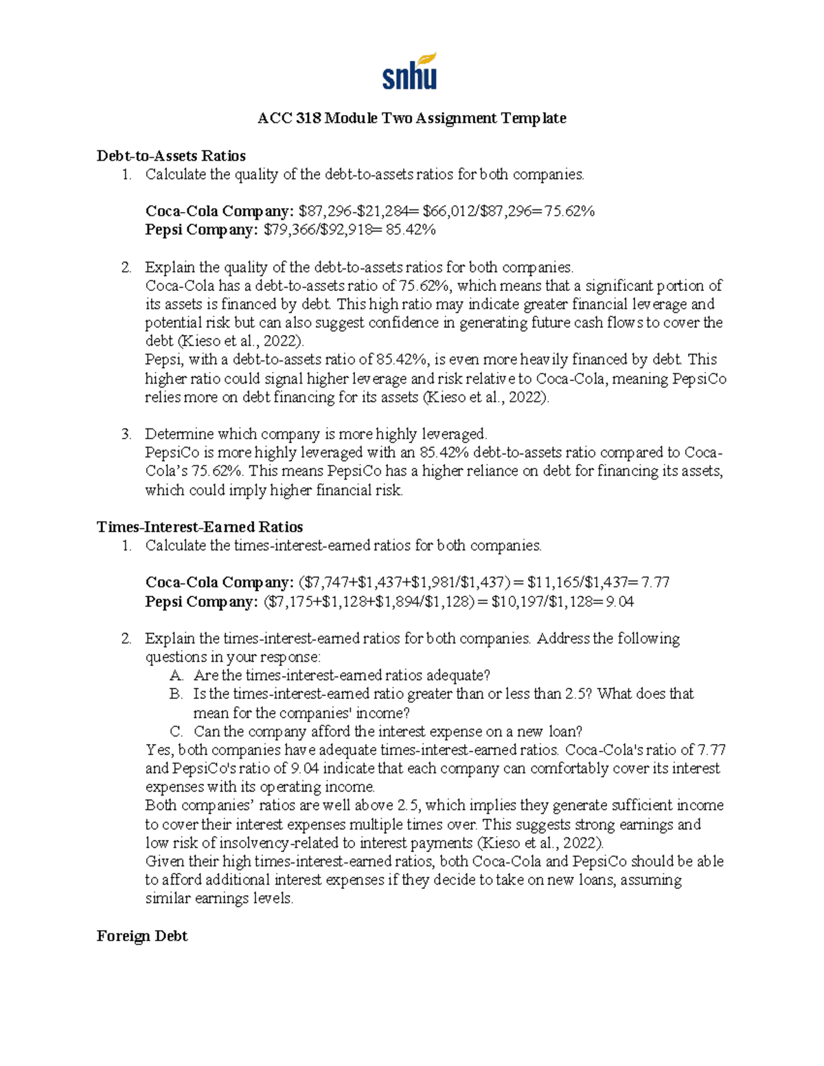 ACC 318 Module 2 Assignment: Debt and Times-Interest-Earned Ratios ...