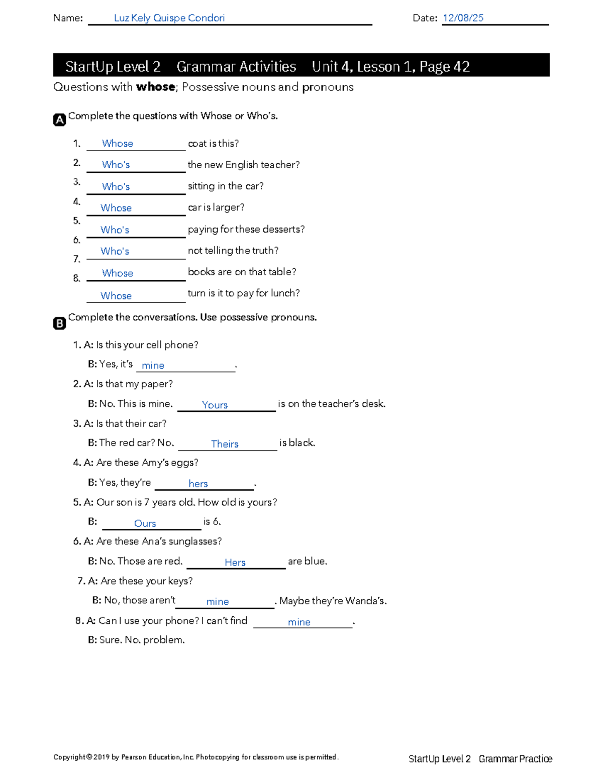 StartUp Level 2 Grammar Activities: Possessive Nouns & Pronouns - Studocu