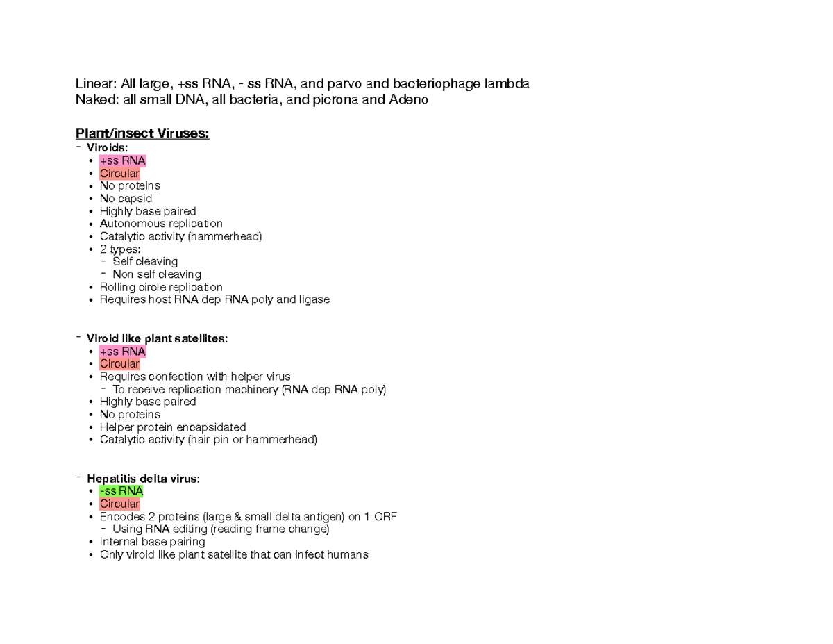 Virology - Summary of all viruses - Linear: All large, +ss RNA, - ss ...