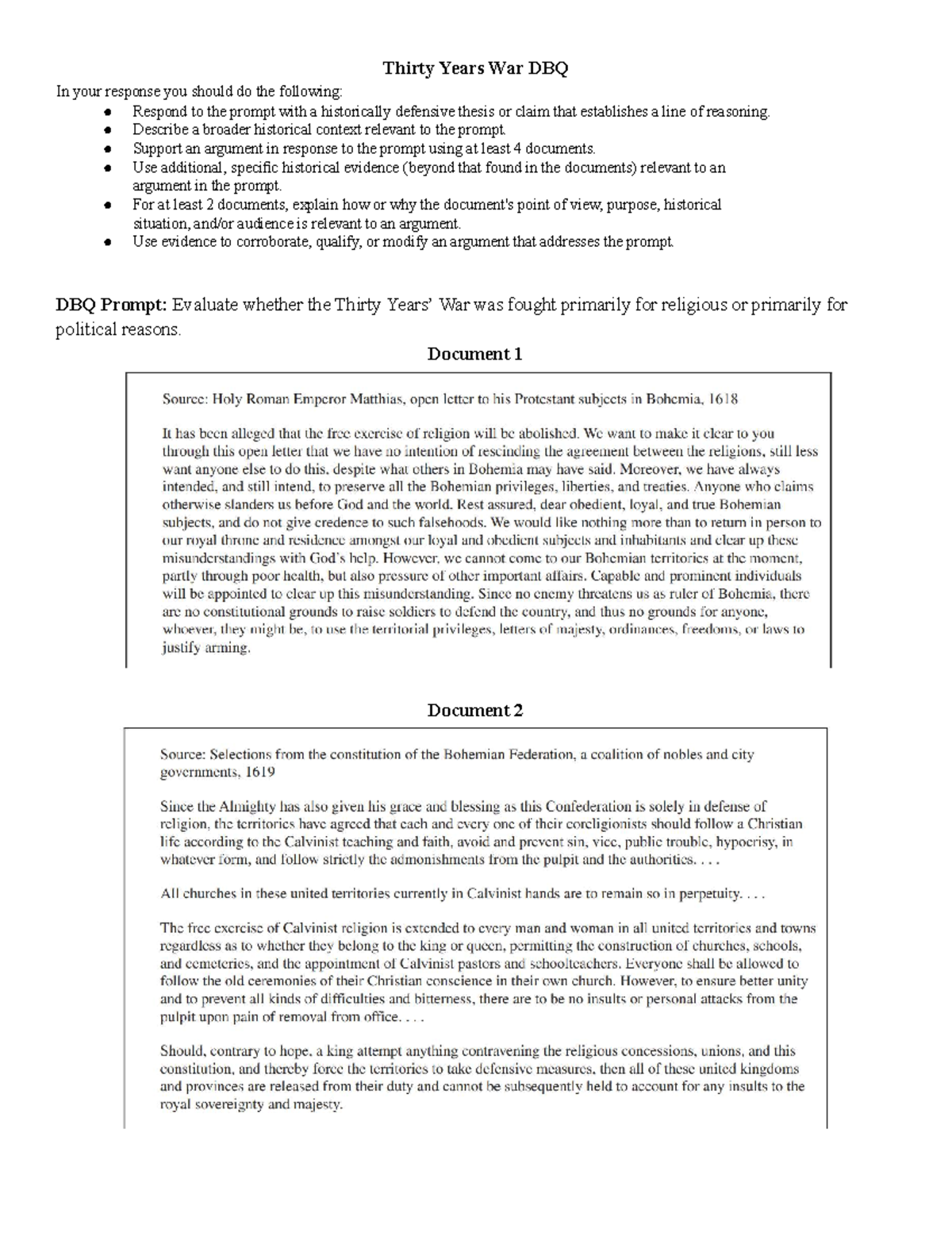 HIST 101: Thirty Years War DBQ - Religious vs. Political Reasons - Studocu