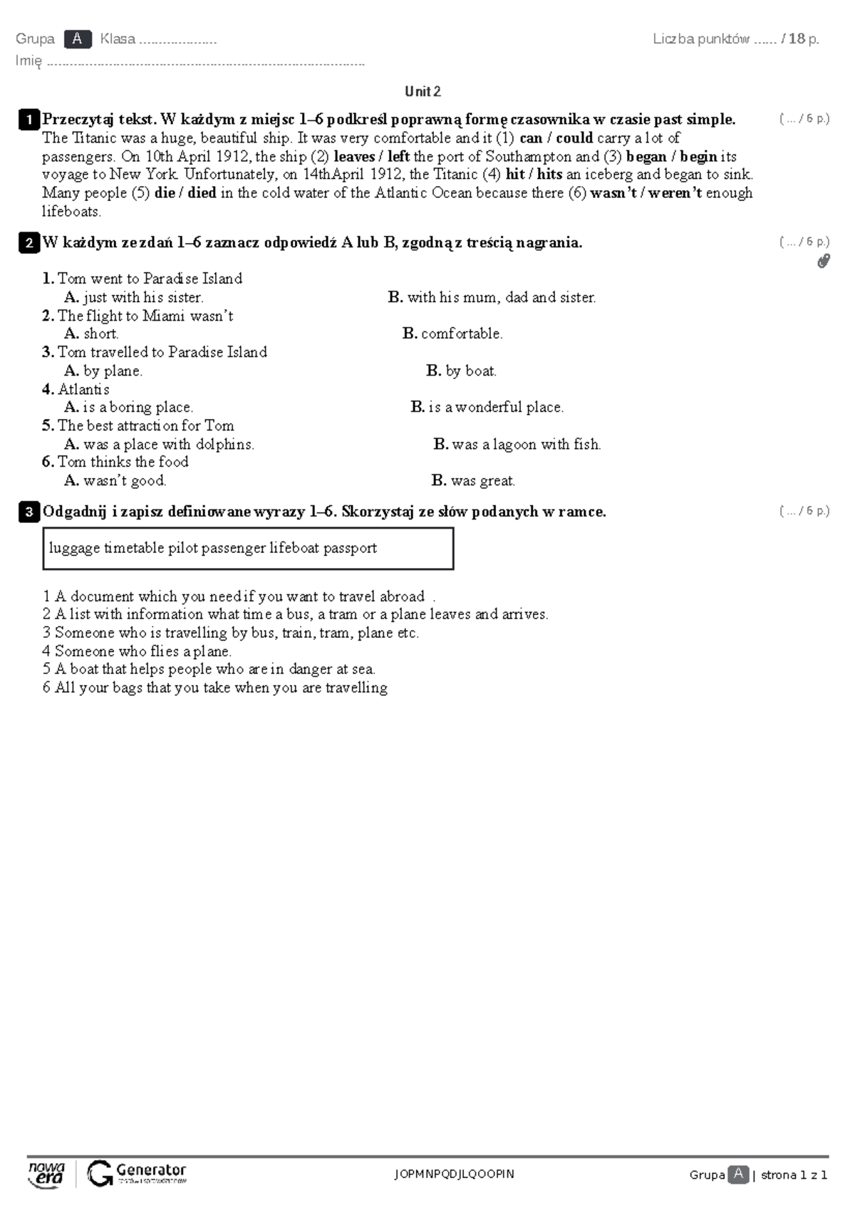 Unit 2 Test: Past Simple & Listening Comprehension (18 pts) - Studocu