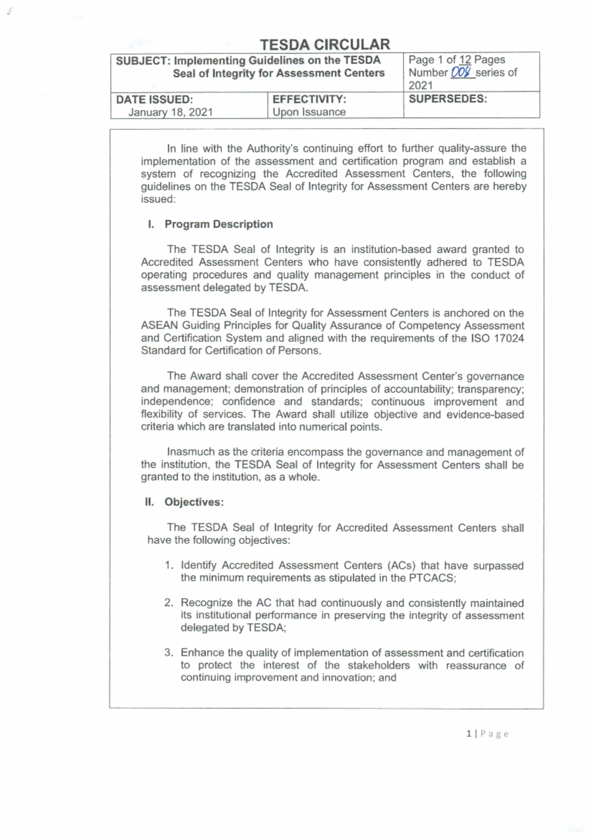 Guidelines for TESDA Seal of Integrity for Assessment Centers 2021 ...