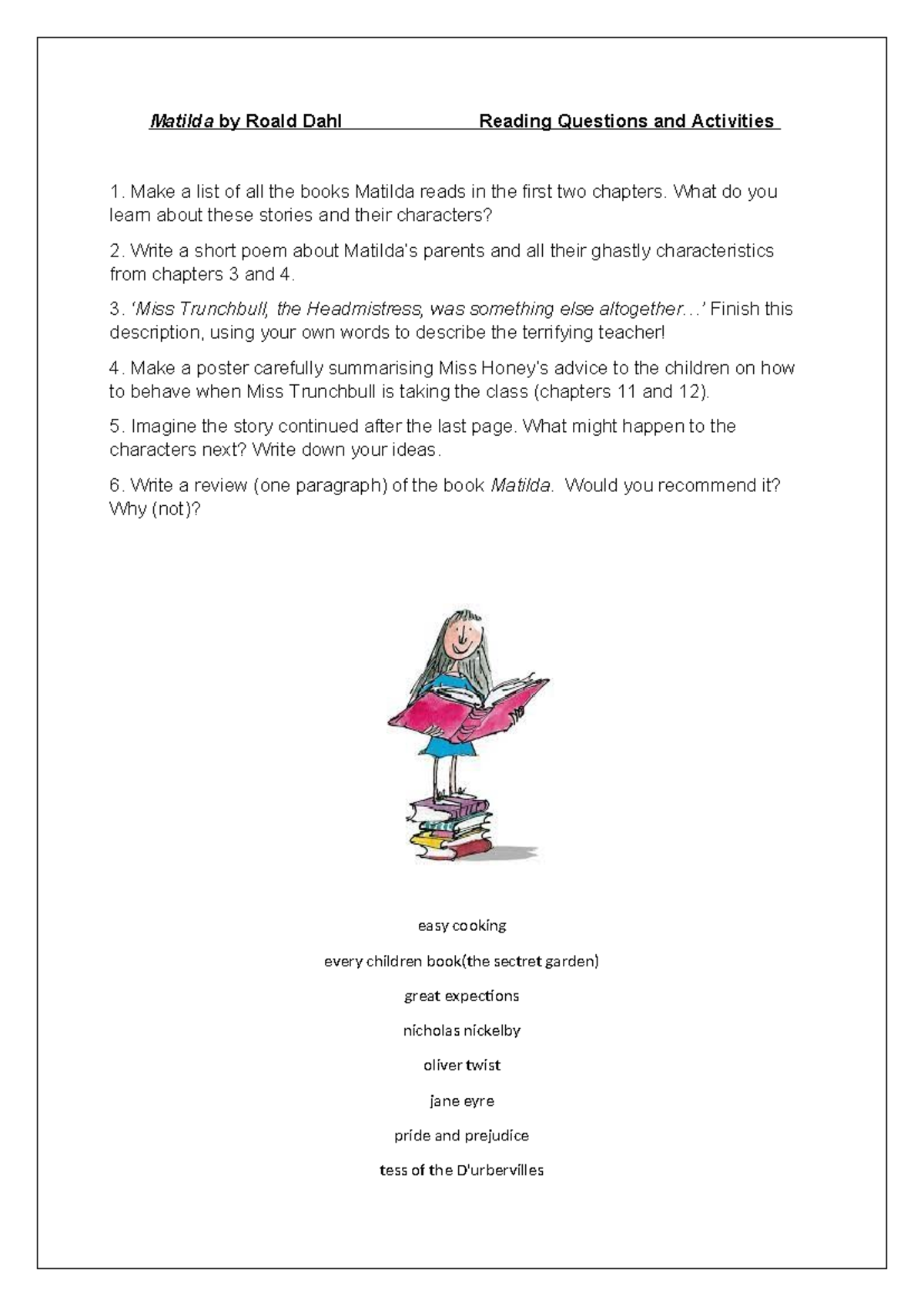 Matilda by Roald Dahl: Reading Questions & Activities Portfolio ...