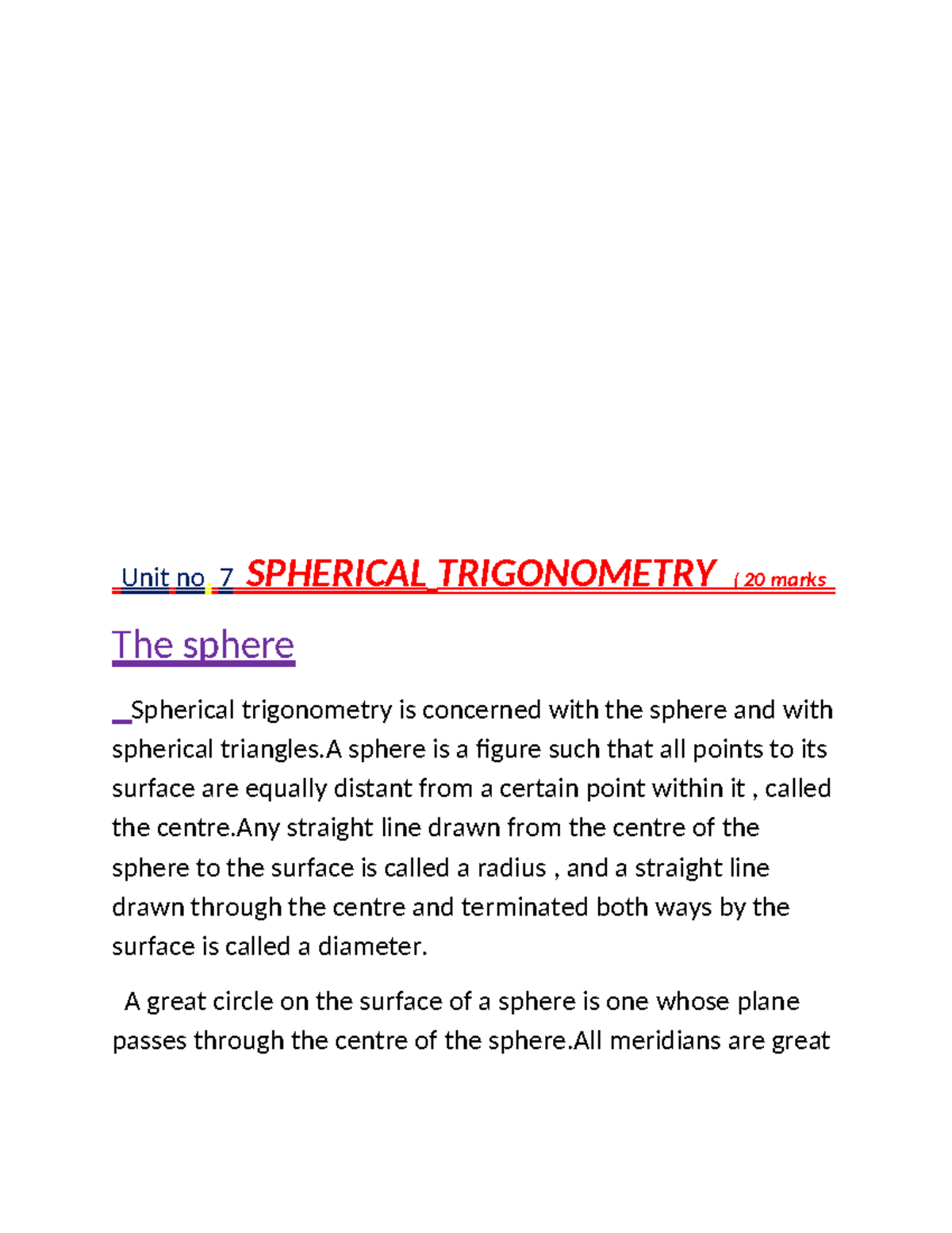 Unit 7: Spherical Trigonometry Concepts and Formulas (20 Marks) - Studocu