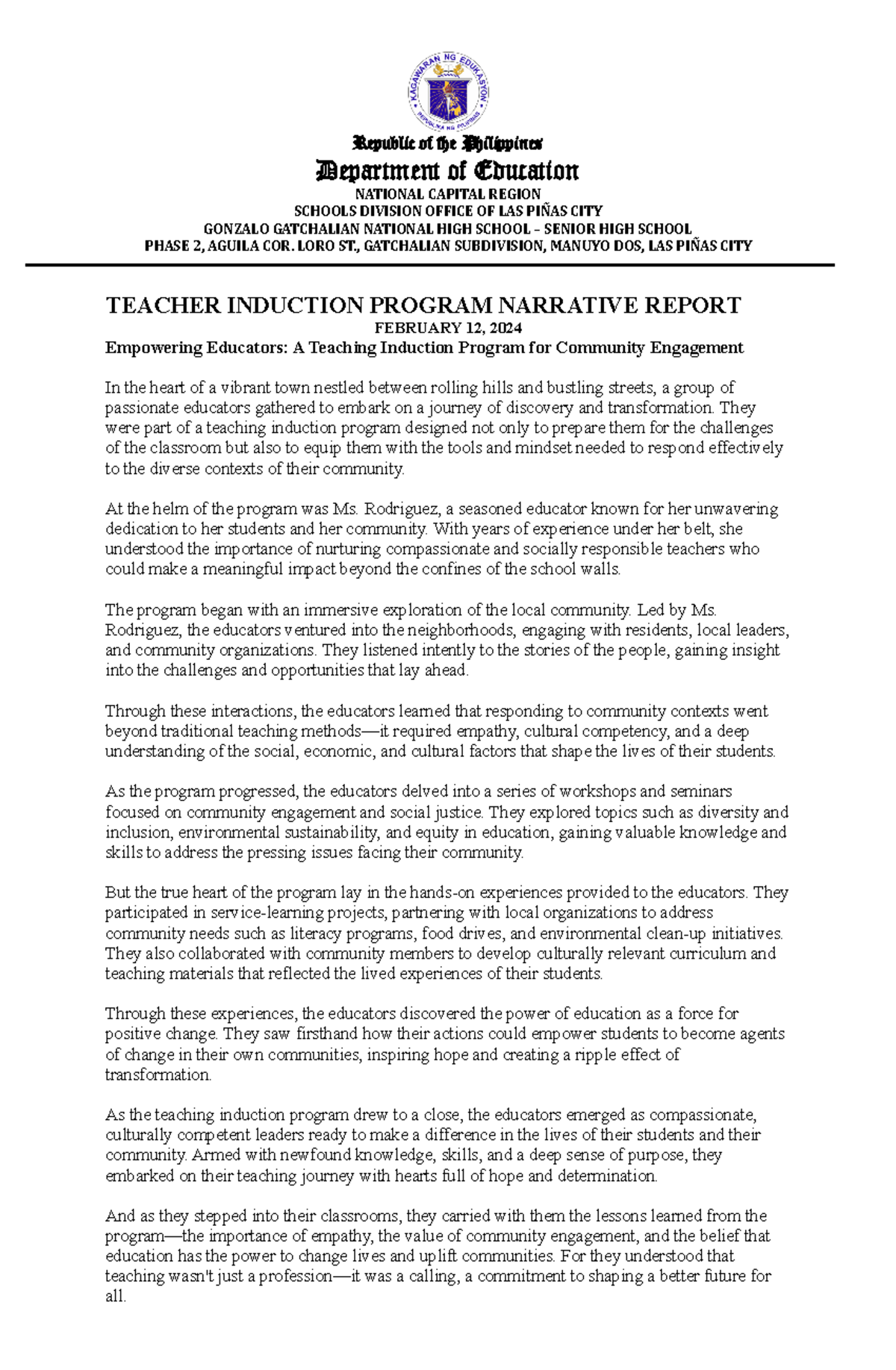 TIP Narrative Report: Educator Engagement & Community Impact - Studocu