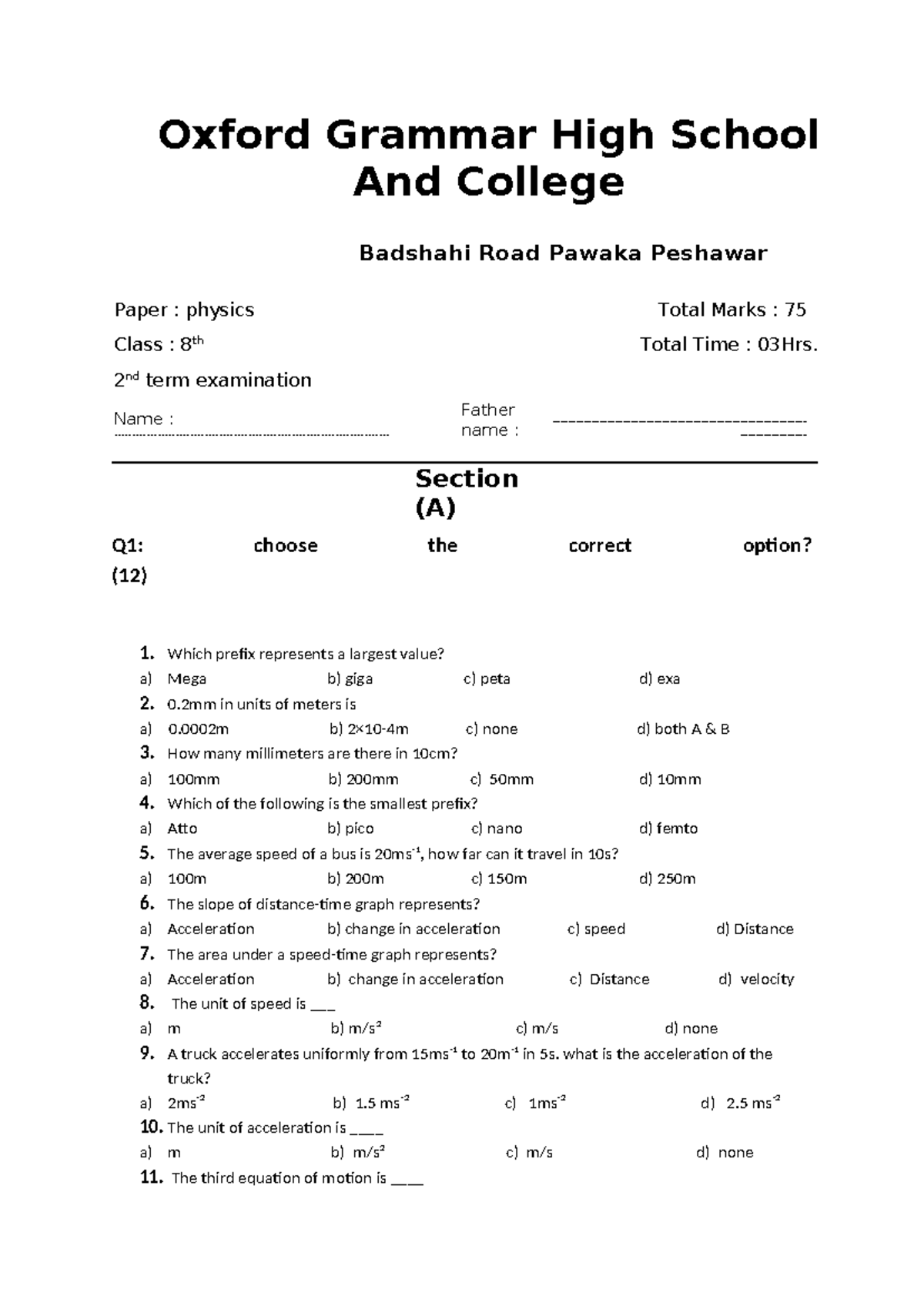 8th Grade Physics 2nd Term Exam Paper - Total Marks: 75 - Studocu