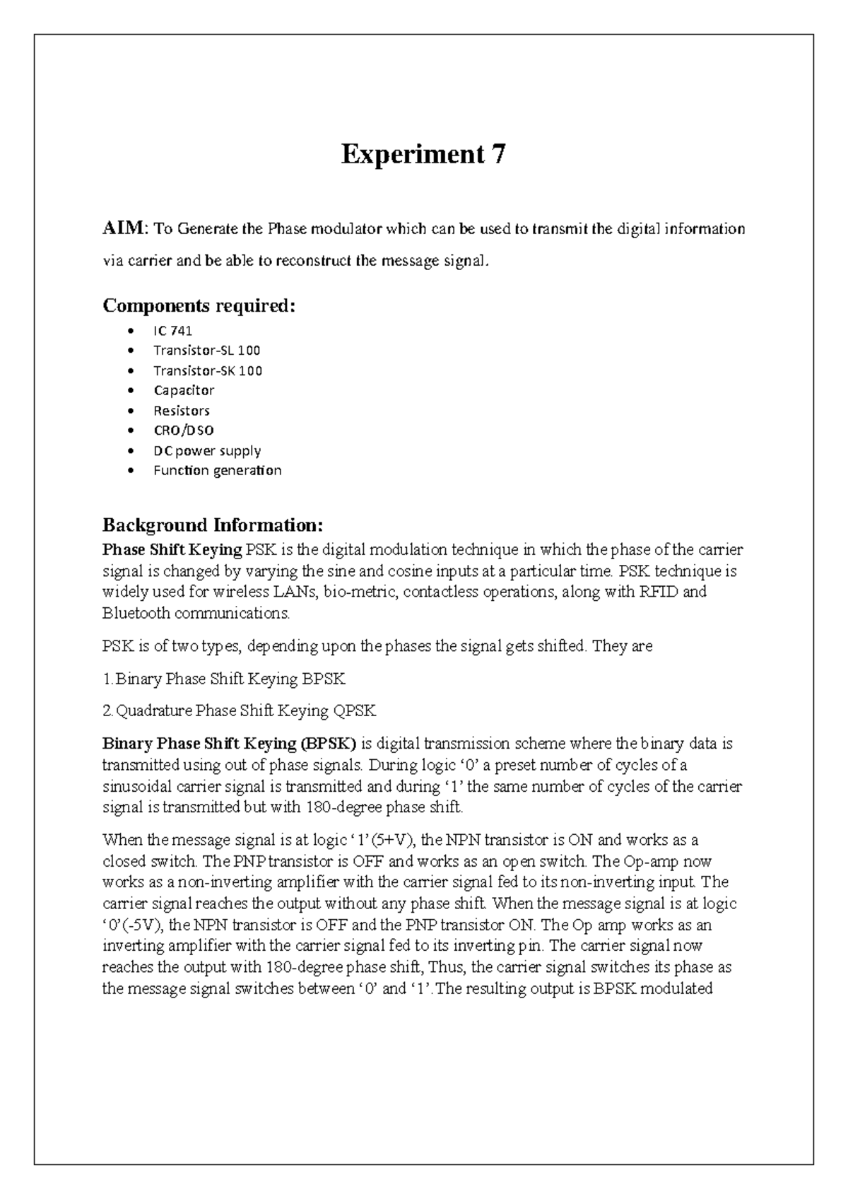 Experiment 7 & 8: BPSK & BFSK Modulation Techniques - Studocu