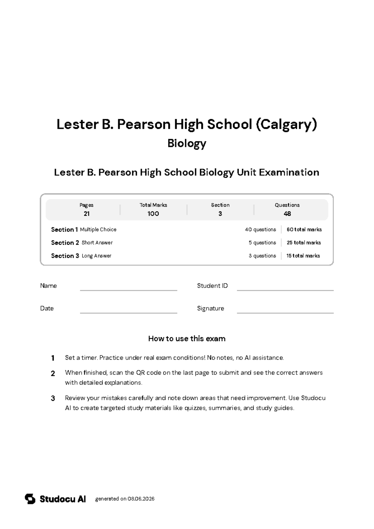 Biology Unit Exam - Lester B. Pearson High School - Studocu