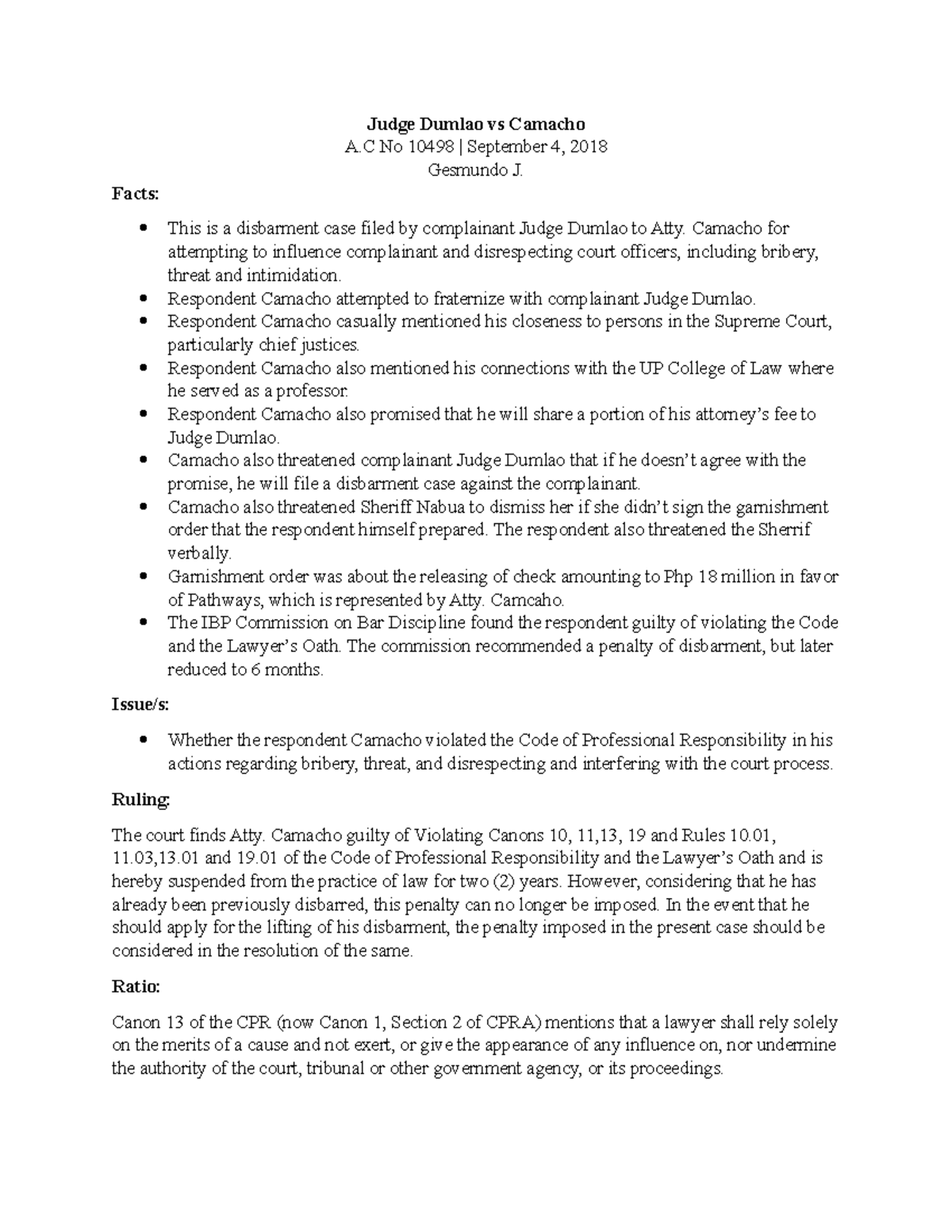 Judge Dumlao v. Camacho: Disbarment Case AC No. 10498 Analysis - Studocu