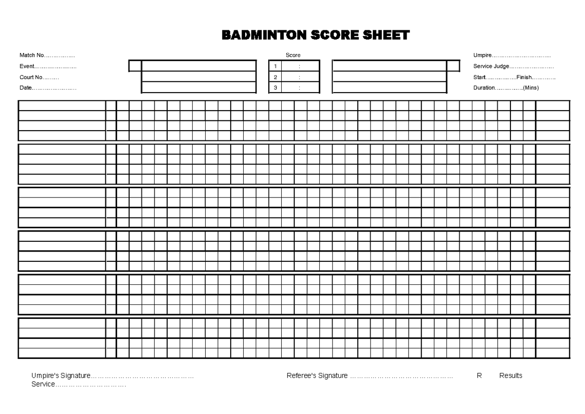Badminton Score Sheet: Match Details and Results Documentation - Studocu