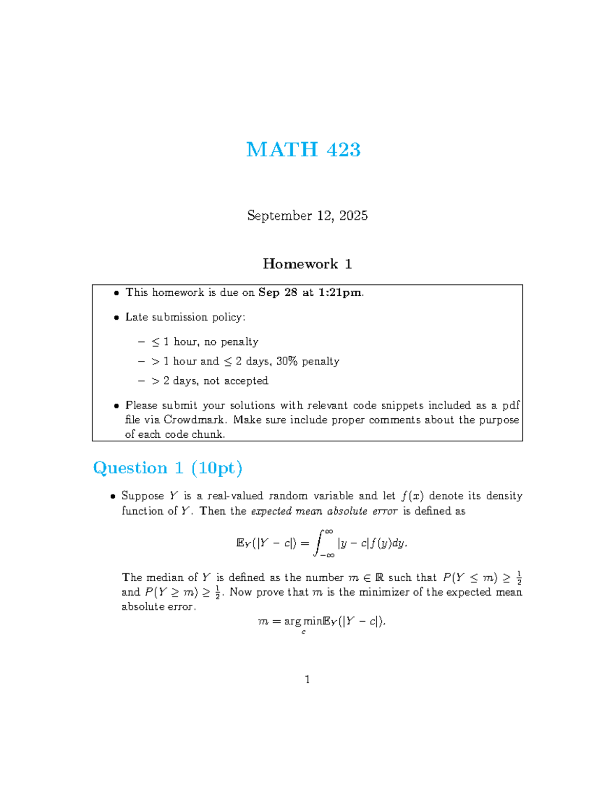 MATH 423 Homework 1: Expected Mean Absolute Error & Case Study - Studocu