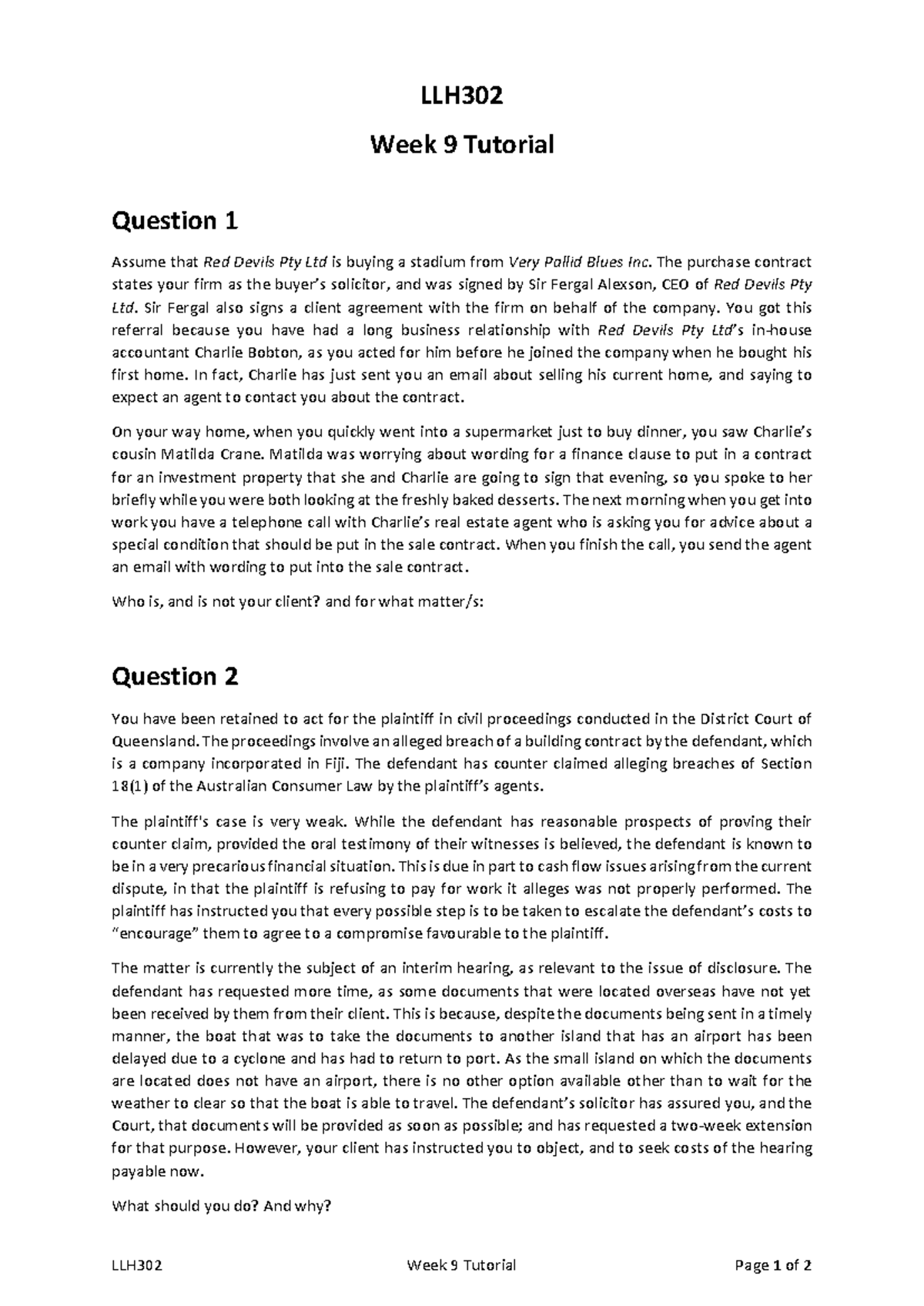 2024 LLH302 Week 9 tutorial - LLH302 Week 9 Tutorial Page 1 of 2 LLH ...