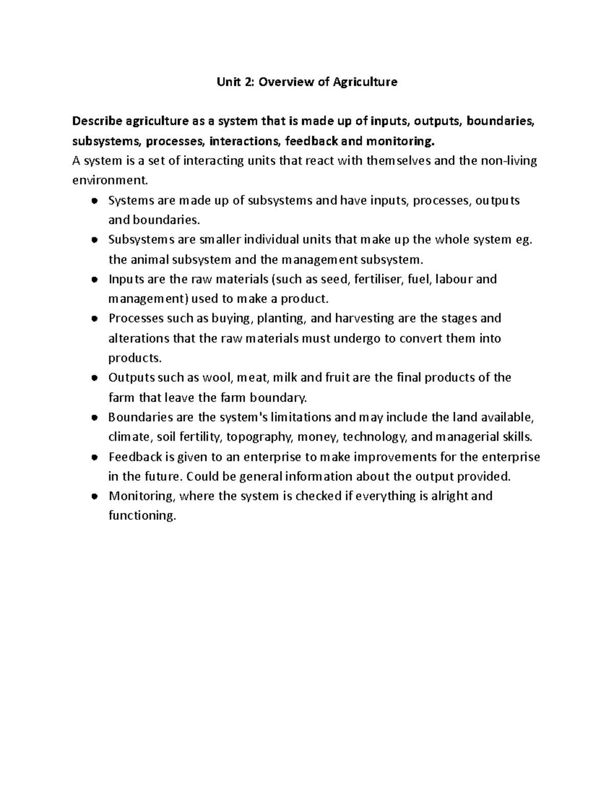 Preliminary Agriculture - Unit 2: Agricultural Systems Overview - Studocu