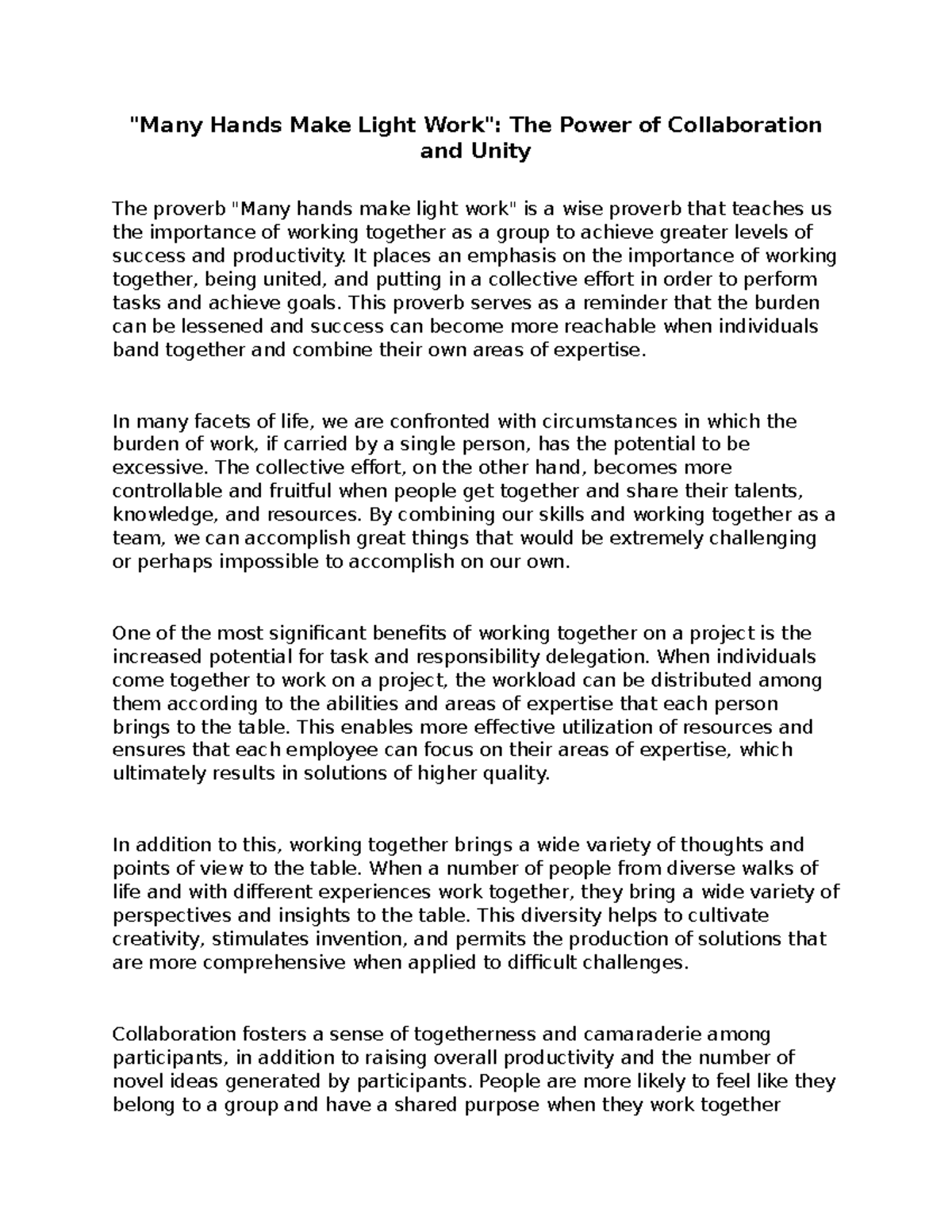 Collaborative Power: "Many Hands Make Light Work" (Essay) - Studocu